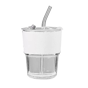 OUSFANAM Drinking Glass Cups With Bamboo-Lid And Straw Iced Coffee-Cup Suitable For Juice Water Soda-Tea Girl Birthday Gift 400ML Spill Proof Straw Cups For Adults