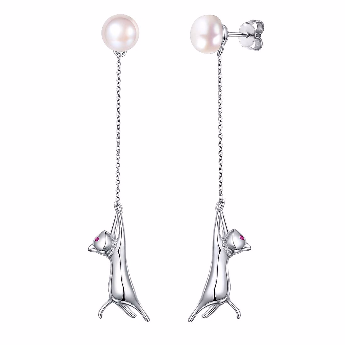 Kitten Drop Earrings for Women Elegant Pearl Stud 925 Sterling Silver Cat Dangle Earrings