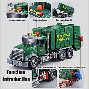 LLWEIT Garbage Truck Toys for Boys 15",Large Trash Truck with Trash Can Dumping Function,Toy Cars for Boys with Lighting and Sound