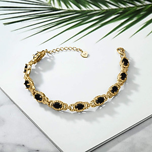 Gem Stone King 18K Yellow Gold Plated Silver Oval Black Onyx Tennis Bracelet For Women (8.00 Cttw, Gemstone Birthstone, 7 Inch with 1 Inch Extender)