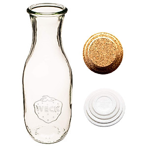 Weck Juice Jar - 35.9 fl oz. Transparent Glass Weck Jars - Eco-Friendly Milk Jar - 1L Juice Carafe Suitable for Juice Milk Water and Wine with Cork Lids and Keep Fresh Covers (1 Set)
