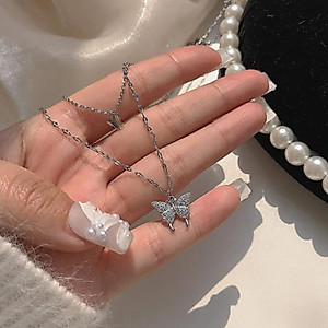 925 Sterling Silver Butterfly Tassel Shiny Exquisite Double Layer Pendant Clavicle Necklace Chain for Women and Teen Girls.