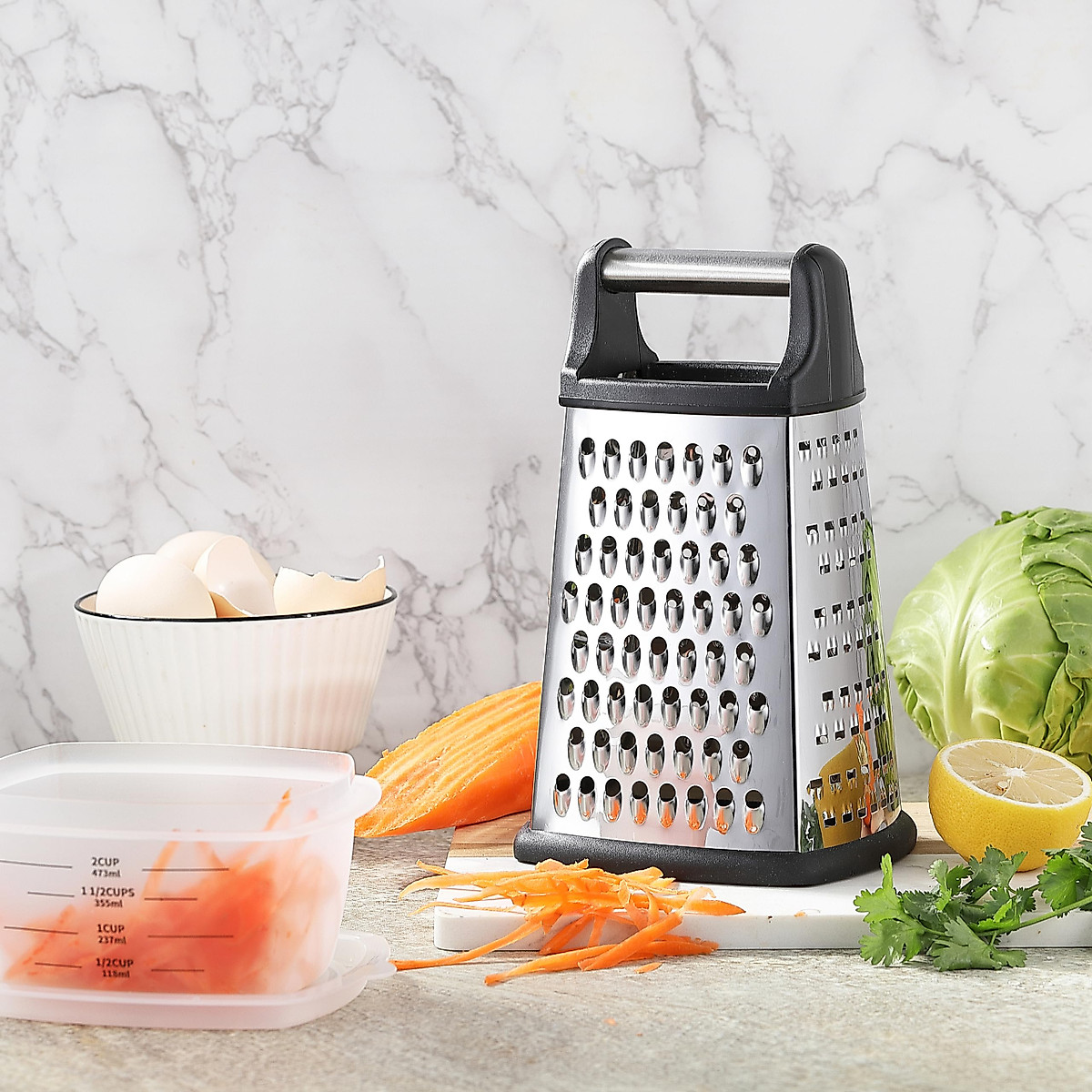 Cheese Grater, Little Cook Stainless Steel 4-Sided Box Grater, Detachable 3 Cup Storage Container and Measurement Markings Graters With Handle for Kitchen, Dishwasher Safe (Black)