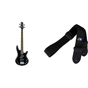 Ibanez GSRM 4 String Bass Guitar, Right Handed, Black (GSRM20BK) & Protec Guitar Strap with Leather Ends and Pick Pocket, Black