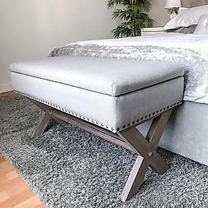 HOMCOM 35.75" Storage Ottoman, Upholstered Storage Bench with Hidden Space, Nailhead Trim and X-Shaped Wood Legs, for Living Room, Entryway, Bedroom, Grey
