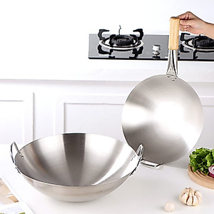 STOBOK Pots Wok Pan 28cm Double Handle Wok Stainless Steel Wok Fry Pan Large Capacity Saute Pan Round Bottom Wok Multipurpose Stewpot Skillet Works for Gas Cooktops Electric Frying Pan