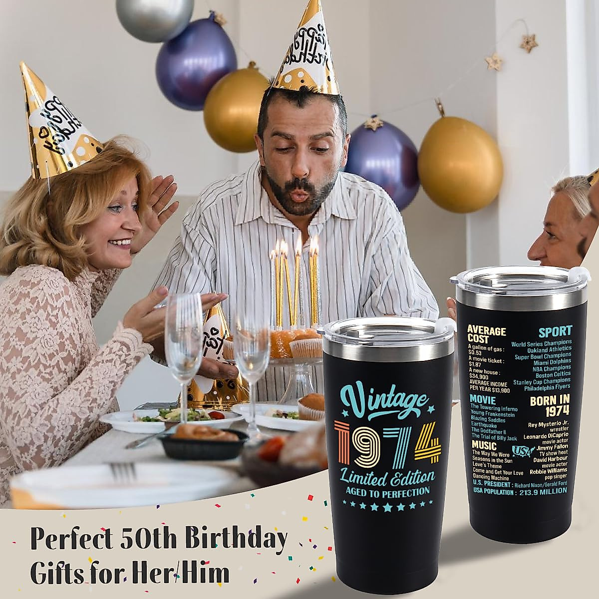 Henghere 50th Birthday Gifts for Men Women, 50 Years Old Gifts Idea for Him Her, Fifty Birthday Present, Happy 50th Birthday Tumbler Gifts Back in 1974 Tumbler Cup