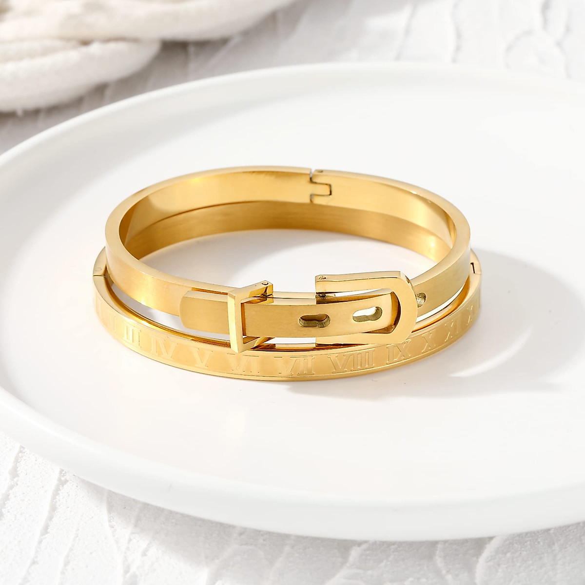 MAOCEN Women's Stainless Steel Bracelet Gold Plated Cuff Bangle With Cube Zircon Hinge Jewelry oval Bangle Witness the Gift of Love (6mm Glod 2pcs-A)