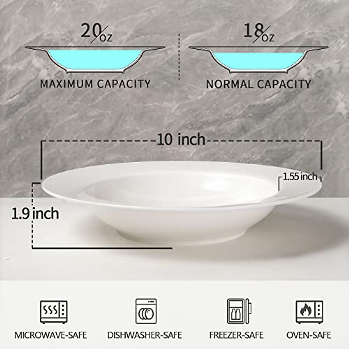 Artena Pasta Bowls 20oz, Large Salad Serving Bowls, 10 inch White Soup Bowls, Porcelain Pasta Bowls Set of 4 & Pasta Bowls Set Of 4, 24oz Porcelain Salad Bowls, 8 Inch Bowls For Kitchen