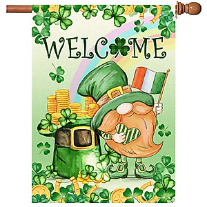 St Patricks Day Flag, St. Patrick's Day Flags 28 x 40 Double Sided, Saint Patricks Day Burlap House Flag with Leprechaun Gnomes Shamrock Clover Green Hat Welcome Signs for Outdoor Lawn Garden Decor