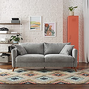 Novogratz Magnolia 3 Seater Sofa with Pillows, Pocket Coil Seating, Light Gray Velvet