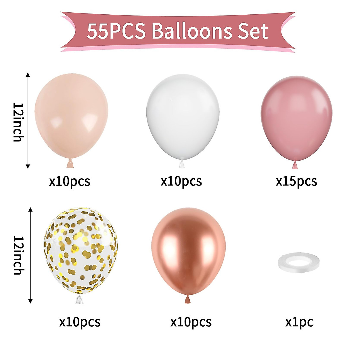 Dusty Pink Balloons, 55Pcs Blush Pink Party Balloons 12 Inch Metallic Rose Gold White Latex Balloons Retro Pink Rose Gold Balloons Gold Confetti Balloons for Birthday Party Baby Shower Bridal Shower