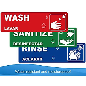 Wash, Rinse, Sanitize Handwash Sink Labels, Heavy Duty 3 Compartment Sink Waterproof Sticker Signs for Wash Station, Commercial Kitchens, Restaurant, Food Trucks, Busing Stations and Dishwashing