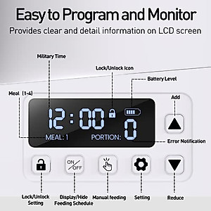 ROJECO Automatic Cat Feeders, 4L Cat Food Dispenser with Meals and Portion Programmable，Detachable Body Design for Cleaning, Dual Power Supply and Low Food Alarms, Auto Timed Feeder for Cats and Dogs