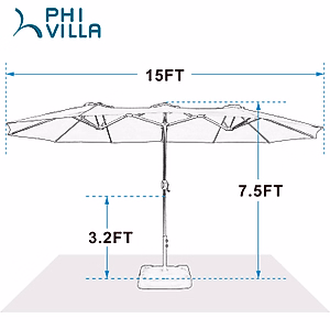 PHI VILLA 15ft Large Patio Umbrella Double-Sided Outdoor Market Pool Umbrellas with Crank, Umbrella Base (Stand) Included(Beige)
