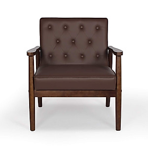 JIASTING Mid-Century Retro Modern Solid Wood Armrest Accent Chair, Faux Leather Tufted Back Upholstered Lounge Chairs, Living Room Furniture (Brown 8325)
