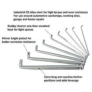 NordWolf 9-Piece Metric Ball End Stubby Allen Wrench Set, Long Arm S2 Steel Hex L-Keys, Sizes 1.5mm to 10mm