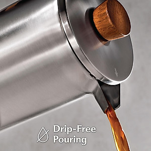 French Press Coffee Maker 34 oz - Made of Stainless Steel & Sustainable Oak Wood - Double-Walled Insulated - 2 Additional Filters - For 5 Cups