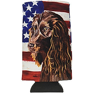 Caroline's Treasures SC9518MUK Boykin Spaniel with American Flag Ultra Hugger for slim cans Can Cooler Sleeve Hugger Machine Washable Drink Sleeve Hugger Collapsible Insulator Beverage Insulated Holde