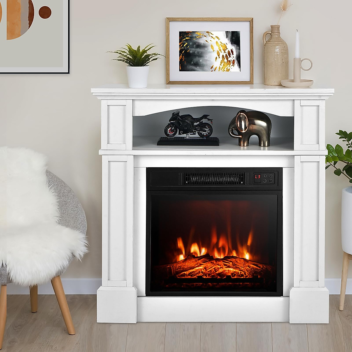 LDAILY 32" Electric Fireplace with Mantel, Freestanding Wooden Surround with 1400 W Fireplace Insert, 3D Realistic Flame, Remote Control, Overheating Safety System, Fireplace for Home RV, White