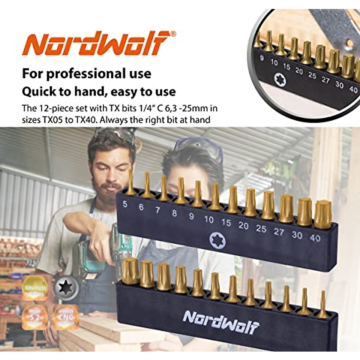 NordWolf 12-Piece Torx Bit Set, Titanium Nitride Coated 6 Point Screwdriver Star Bits Made From S2 Alloy Steel, Sizes T5 to T40