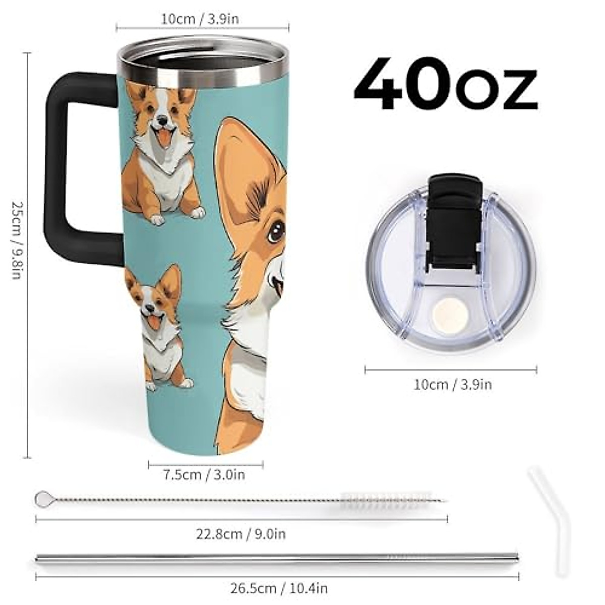 LPSADGF Corgi Cute Dog Insulated Stainless Steel Travel Mug, 40 Oz Tumbler with Handle And Straw Double-Wall Vacuum Coffee Cup, Leak-Proof Lid, Keeps Drinks Hot/Cold for Hours