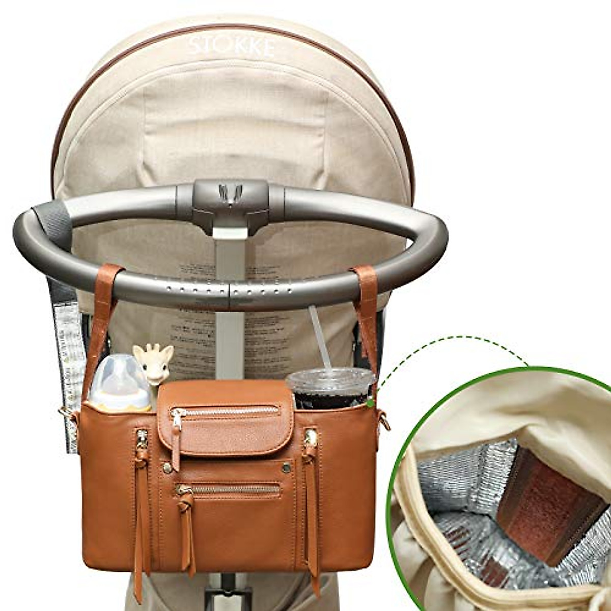 miss fong Stroller Organizer with Insulated Cup Holder Stroller Accessory Bag, Stroller Caddy with Adjustable Strap to Fit All Strollers (Brown)