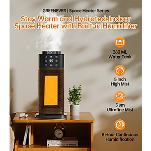 GREENEVER Space Heater Indoor with Humidifier: 2024 Upgraded PTC Electric Heaters for Indoor Use with Thermostat, 1500W Ceramic Heater Fast Heating with Remote, Oscillation, Timer for Bedroom, Office