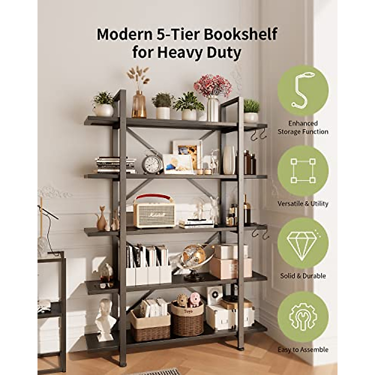 Gizoon 5 Tier Bookshelves for Storage, Industrial Tall Wood Bookshelf with 4 Hooks, Metal Frame Display Shelves for Bedroom, Living Room, Kitchen, Black