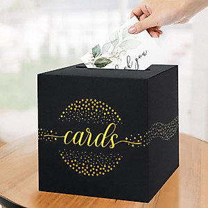 QIKSION Black Card Box with Gold Foil Design, Gift Cards Receiving Box for Birthdays Party, Bridal & Baby Showers, Wedding Receptions, Graduations, Retirements, Anniversaries