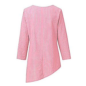 wodceeke Women's Three-quarter Sleeve Linen T-shirt Round Neck Plain Stripe Shirt Tee Casual Loose Irregular Hem Tops (Pink, S)