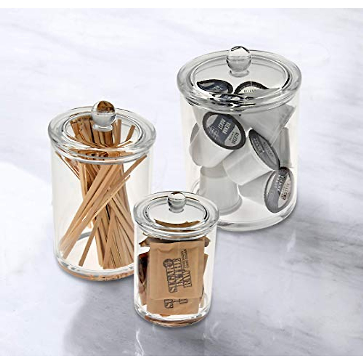 HOME-X Set of 3 Apothecary Jars, Cotton Ball & Swabs Holder, Bathroom Storage, Crystal Clear Acrylic Container with Lid-24 oz.-12 oz.-5 oz