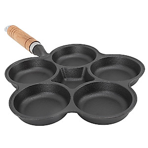 Cast Iron 5 Hole Egg Frying Pan, Heavy Duty Breakfast Pan, Fast Heating Induction Cooker, Solid Wood Handle, for Gas Stove