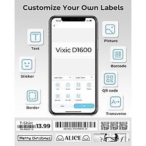 Vixic Label Maker Machine with Tape-Value Bundle includes 4 Label Tapes,D1600 Bluetooth Label Printer, Small Smart Handheld Sticker Mini Labeler, Inkless Rechargeable for Office Home School,Grey