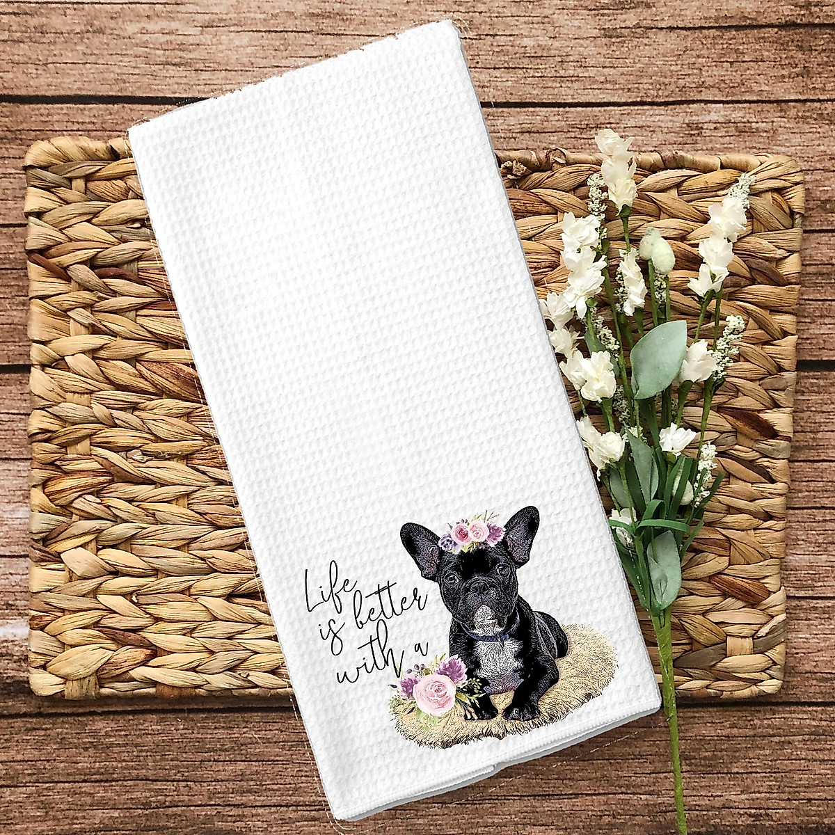 Life is Better with a Frenchie French Bulldog Waffle Microfiber Kitchen Tea Bar Towel Gift for Animal Dog Lover