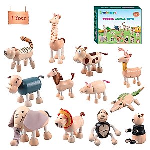 12PCS Bendable Wooden Animal Toys, Fun and Posable Animal Toys Figures for Early Education, Safari Wood Toy for Kids, Smooth Natural Wood, Wood Animal Learning Toy for Children