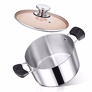 E-far 5-Qt Stockpot, 3-Ply Stainless Steel Stock Pot with Glass Lid & Stay-Cool Handles for Cooking Simmering Soup Stew, Heavy Duty Cookware Works w/Induction, Non-toxic & Dishwasher Safe