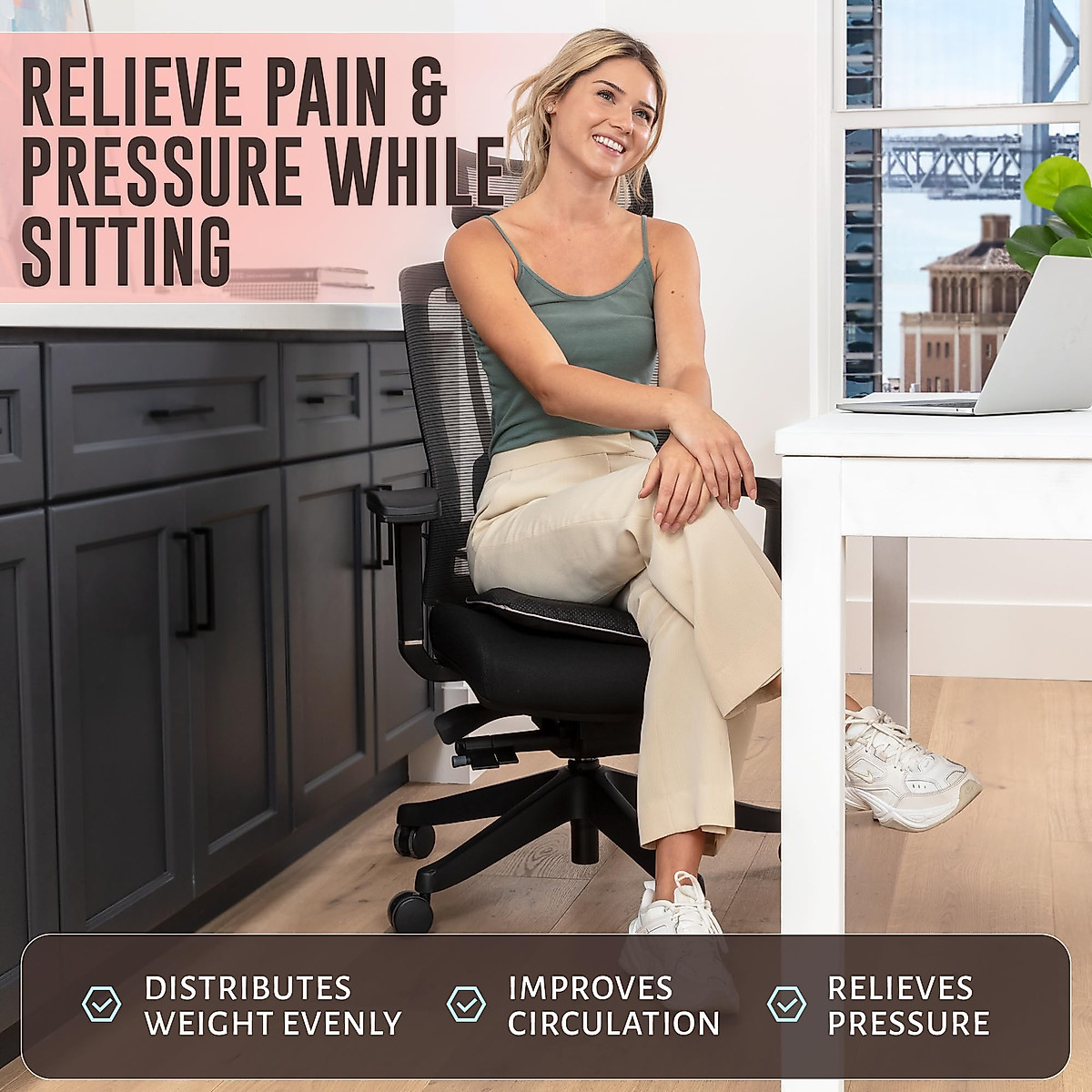 Gel Seat Cushion for Long Sitting - Honeycomb Cooling Pad with 1.2" Inches of Gel Padding & Padded Cover for Driving, Office Chair, Car or Wheelchair - Sciatica, Tailbone and Pressure Relief Pillow