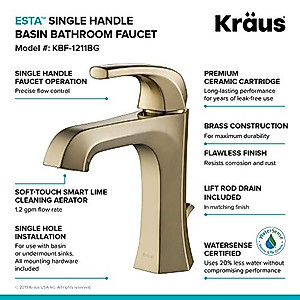 KRAUS Esta Single Handle Basin Bathroom Faucet with Lift Rod Drain in Brushed Gold, KBF-1211BG
