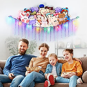 Stuffed Animal Net or Hammock with LED Light, Toy Hammock Hanging Stuffed Animal Storage Organizer Holder Room Décor with Tassels for Nursery Play Room Kids Bedroom (Purple)