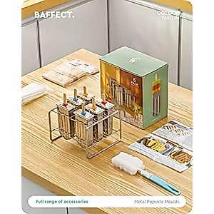 Baffect Metal Popsicle Moulds, Set of 6 Round Head Stainless Steel Ice Lolly Molds with Holder, Fast Freezing Ice Cream Makers with Lollipop Sticks and Bags