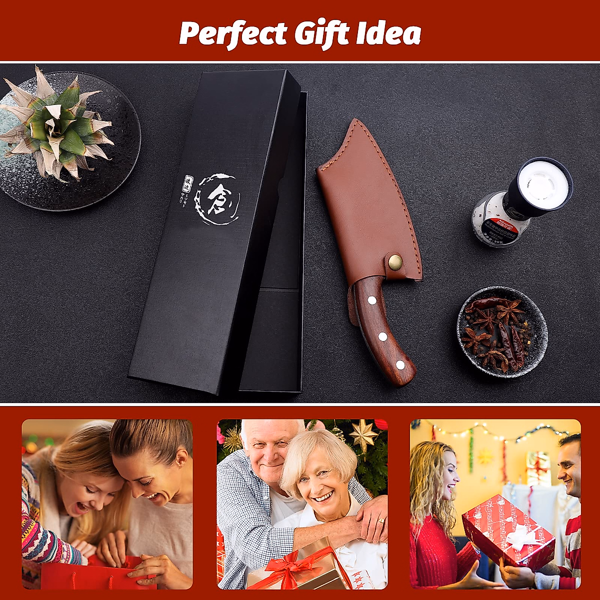 ROCOCO 3PCS Butcher Cleaver Knife Set for Meat Cutting Serbian Chef Knife Viking Boning Cleaver with Sheaths for Kitchen Outdoor BBQ Camping Birthday Father Mother Christmas Gift Idea Men