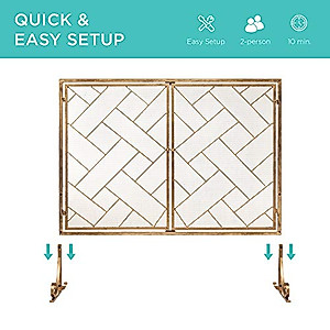 Best Choice Products 44x33in 2-Panel Handcrafted Wrought Iron Decorative Mesh Geometric Fireplace Screen, Fire Spark Guard w/Magnetic Doors - Gold