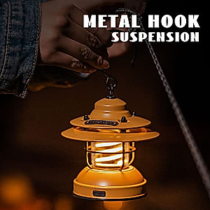 PINSAI LED Camping Lantern,Mini Rechargeable Retro Warm Camp Light,Battery Powered Metal Vintage Hanging Lamp,Portable Waterpoor Outdoor Tent Bulb, Emergency Lighting for Power Failure,Outages