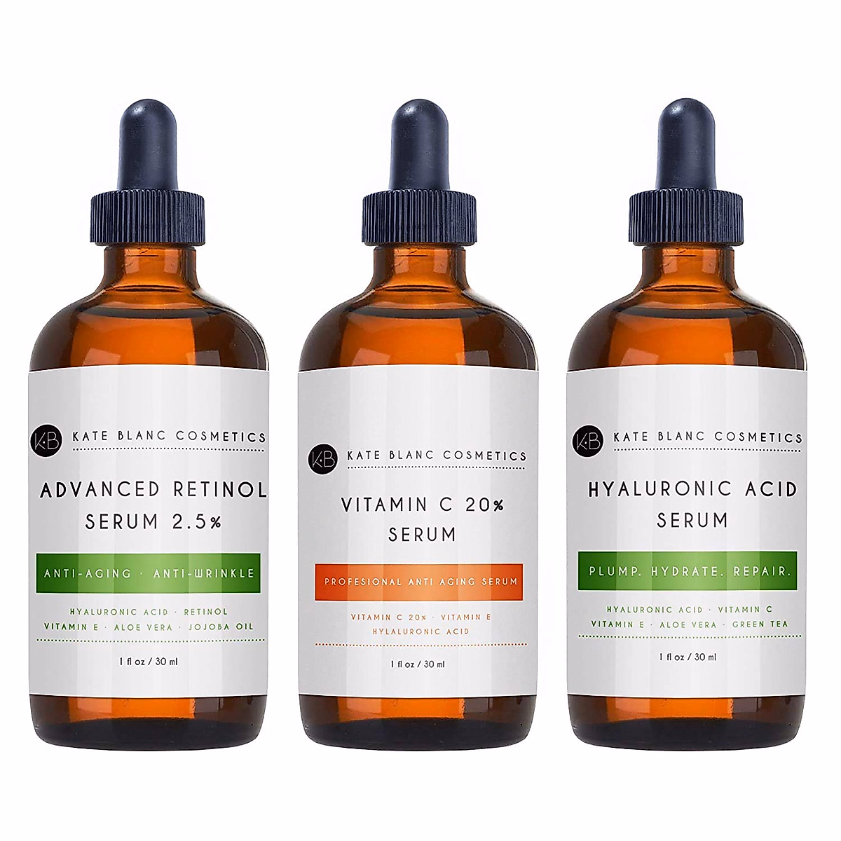 Kate Blanc Cosmetics Anti Aging Serum Set for Women & Men - 98% Natural, 72% Organic. Vitamin C Serum, Hyaluronic Acid Serum, Retinol Serum for Face. Anti Wrinkle & Dark Spot Corrector