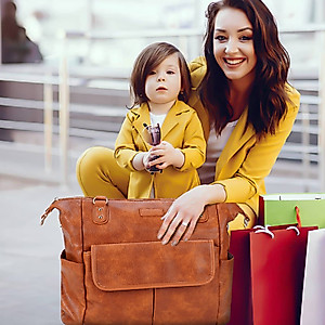 Johomviin Diaper Bag Tote Fashion Leather Diaper Bag Backpack with 13 Pockets for Mom Dad, Large Travel Baby Bag Purse for Boys Girls with 3 Insulated Pockets, Changing Station - Brown