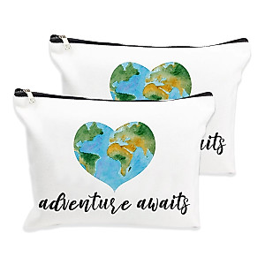 Cokosoxo Travel Bag Adventure Awaits Cosmetic Bag Nature Linen Cotton World Map Makeup Case Great Gift for Women Friends Bestie Daughter Graduation Friendship Birthday Gifts,10x7.5 Inch