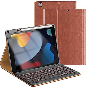 OPAKIT Leather Keyboard Case for iPad 9th/8th/7th Generation 10.2 inch, iPad Pro 10.5-inch Air 3rd Case with Pencil Holder, 7 Color Backlight BT Keyboard (2021/2020/2019/2017), Brown