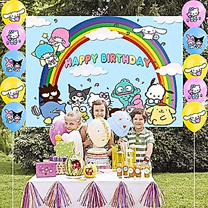 San-Rio Birthday Party Backdrop Decoration, Hello Kittty, Cinnamo-roll, Big-Eyed Frog, Little Twin Stars, Kurommi Theme Party Photo Background and 18Pcs Cinnamo-roll Balloons Party Supplies