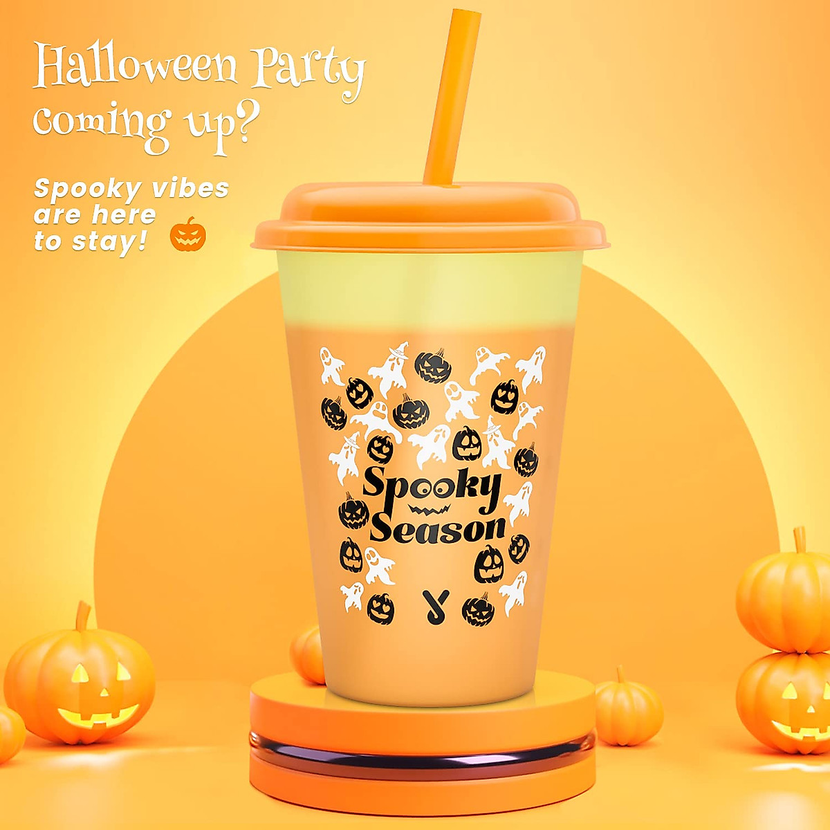 Meoky Halloween Decorations, Plastic Cups with Lids and Straws - 6 Pack 12 oz Color Changing Cups, Reusable Tumblers Bulk for Party, Kids